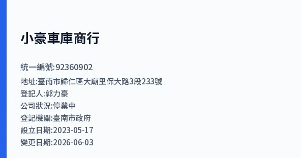 小豪車庫商行的照片-統編 92360902(臺南市) 公司登記資料與營業項目詳細圖表