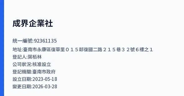 成界企業社的照片-統編 92361135(臺南市) 公司登記資料與營業項目詳細圖表