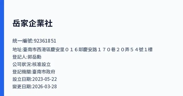 岳家企業社的照片-統編 92361851(臺南市) 公司登記資料與營業項目詳細圖表