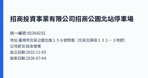 招商投資事業有限公司招商公園北站停車場的照片-統編 92364251(臺南市) 公司登記資料與營業項目詳細圖表