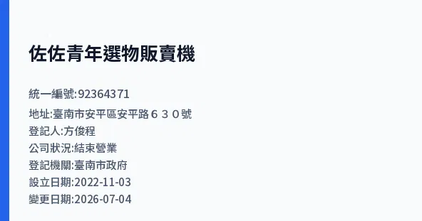 佐佐青年選物販賣機的照片-統編 92364371(臺南市) 公司登記資料與營業項目詳細圖表
