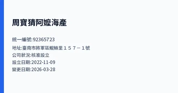 周寶猜阿嬤海產的照片-統編 92365723(臺南市) 公司登記資料與營業項目詳細圖表