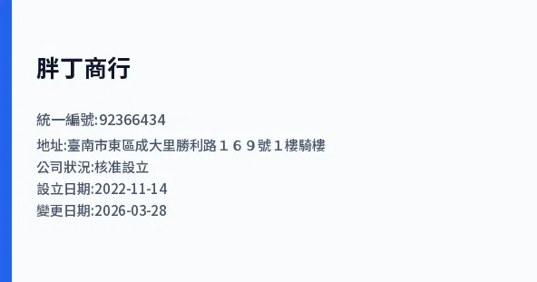 胖丁商行的照片-統編 92366434(臺南市) 公司登記資料與營業項目詳細圖表