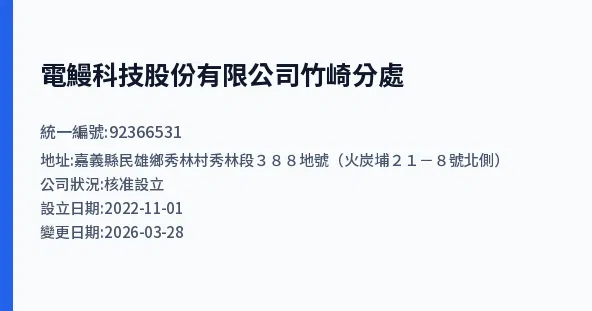 電鰻科技股份有限公司竹崎分處的照片-統編 92366531(嘉義縣) 公司登記資料與營業項目詳細圖表