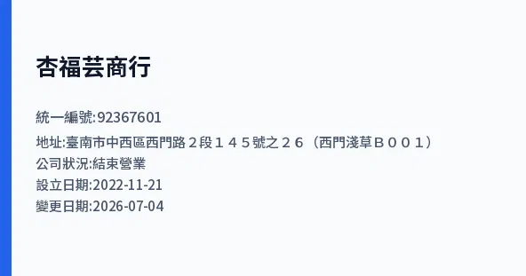 杏福芸商行的照片-統編 92367601(臺南市) 公司登記資料與營業項目詳細圖表
