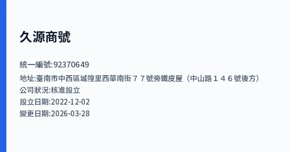 久源商號的照片-統編 92370649(臺南市) 公司登記資料與營業項目詳細圖表