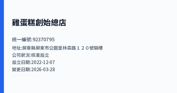 雞蛋糕創始總店的照片-統編 92370795(屏東縣) 公司登記資料與營業項目詳細圖表