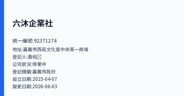 六沐企業社的照片-統編 92371274(嘉義市) 公司登記資料與營業項目詳細圖表