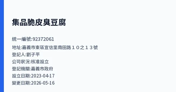 集品脆皮臭豆腐的照片-統編 92372061(嘉義市) 公司登記資料與營業項目詳細圖表