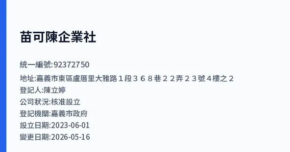 苗可陳企業社的照片-統編 92372750(嘉義市) 公司登記資料與營業項目詳細圖表