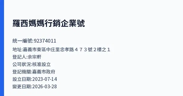 羅西媽媽行銷企業號的照片-統編 92374011(嘉義市) 公司登記資料與營業項目詳細圖表