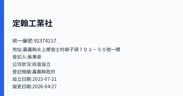 定翰工業社的照片-統編 92374217(嘉義縣) 公司登記資料與營業項目詳細圖表