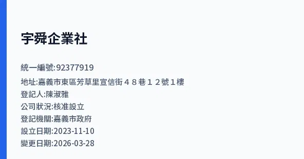 宇舜企業社的照片-統編 92377919(嘉義市) 公司登記資料與營業項目詳細圖表