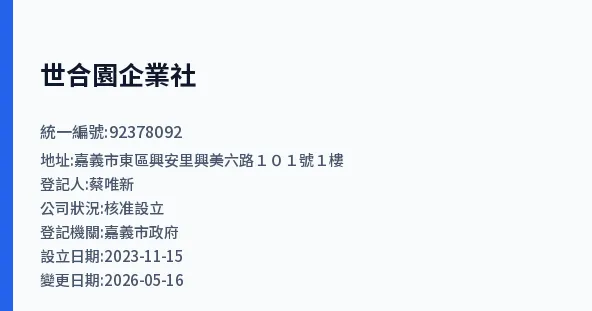 世合園企業社的照片-統編 92378092(嘉義市) 公司登記資料與營業項目詳細圖表
