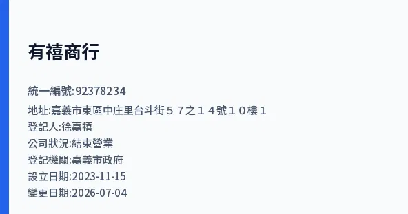 有禧商行的照片-統編 92378234(嘉義市) 公司登記資料與營業項目詳細圖表
