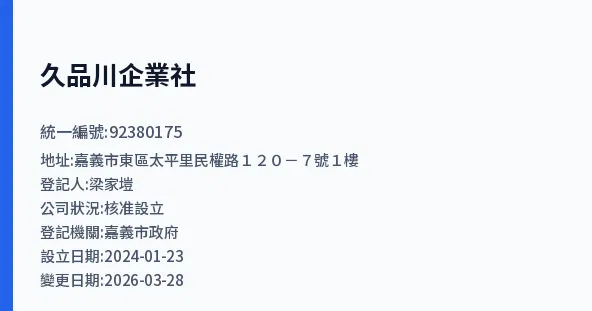 久品川企業社的照片-統編 92380175(嘉義市) 公司登記資料與營業項目詳細圖表
