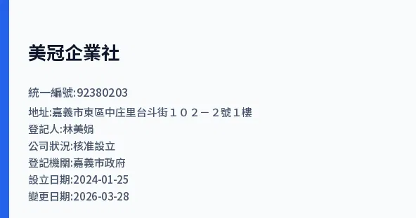 美冠企業社的照片-統編 92380203(嘉義市) 公司登記資料與營業項目詳細圖表