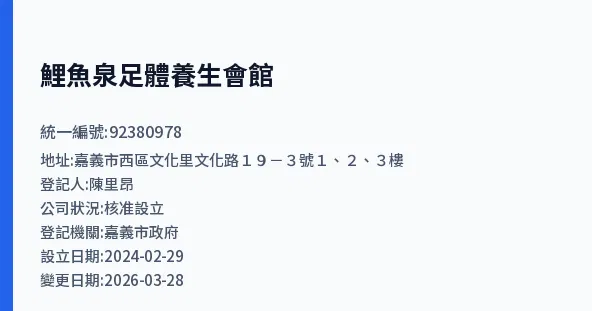 鯉魚泉足體養生會館的照片-統編 92380978(嘉義市) 公司登記資料與營業項目詳細圖表