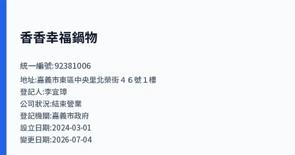 香香幸福鍋物的照片-統編 92381006(嘉義市) 公司登記資料與營業項目詳細圖表