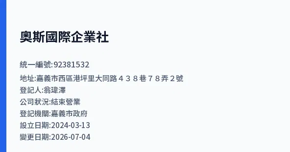 奧斯國際企業社的照片-統編 92381532(嘉義市) 公司登記資料與營業項目詳細圖表