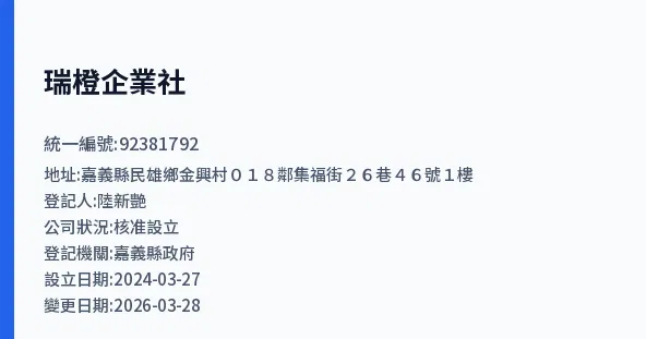 瑞橙企業社的照片-統編 92381792(嘉義縣) 公司登記資料與營業項目詳細圖表