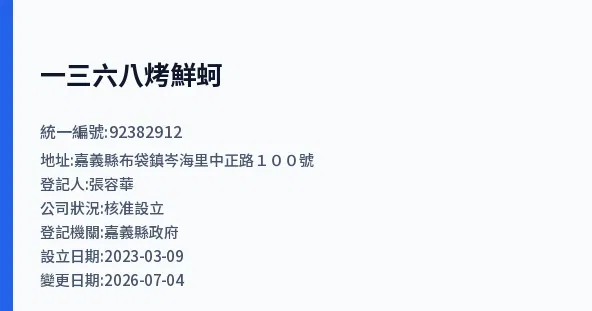 一三六八烤鮮蚵的照片-統編 92382912(嘉義縣) 公司登記資料與營業項目詳細圖表