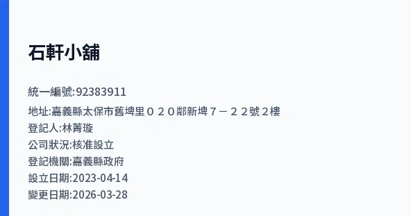 石軒小舖的照片-統編 92383911(嘉義縣) 公司登記資料與營業項目詳細圖表