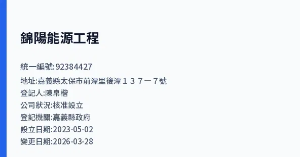 錦陽能源工程的照片-統編 92384427(嘉義縣) 公司登記資料與營業項目詳細圖表