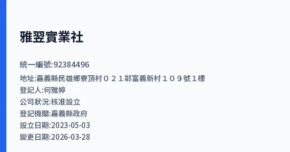 雅翌實業社的照片-統編 92384496(嘉義縣) 公司登記資料與營業項目詳細圖表