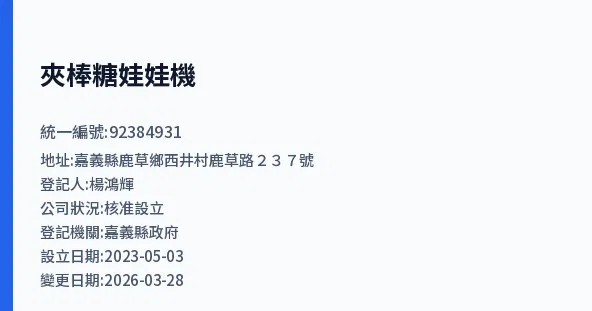 夾棒糖娃娃機的照片-統編 92384931(嘉義縣) 公司登記資料與營業項目詳細圖表