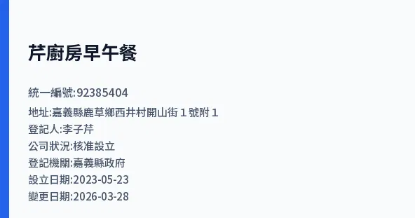 芹廚房早午餐的照片-統編 92385404(嘉義縣) 公司登記資料與營業項目詳細圖表
