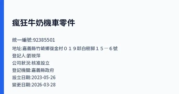 瘋狂牛奶機車零件的照片-統編 92385501(嘉義縣) 公司登記資料與營業項目詳細圖表