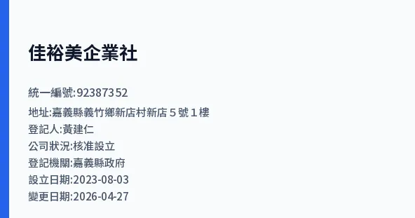 佳裕美企業社的照片-統編 92387352(嘉義縣) 公司登記資料與營業項目詳細圖表