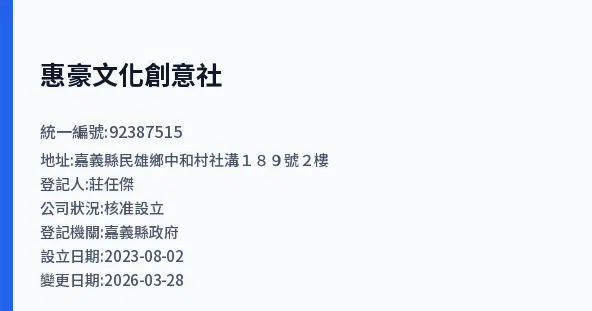 惠豪文化創意社的照片-統編 92387515(嘉義縣) 公司登記資料與營業項目詳細圖表