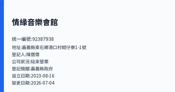 情緣音樂會館的照片-統編 92387938(嘉義縣) 公司登記資料與營業項目詳細圖表