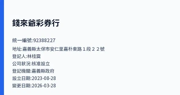 錢來爺彩券行的照片-統編 92388227(嘉義縣) 公司登記資料與營業項目詳細圖表