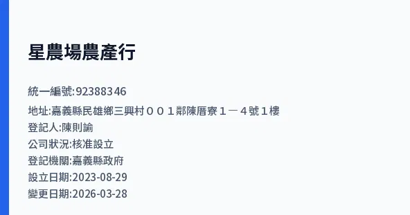 星農場農產行的照片-統編 92388346(嘉義縣) 公司登記資料與營業項目詳細圖表