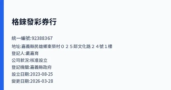格錸發彩券行的照片-統編 92388367(嘉義縣) 公司登記資料與營業項目詳細圖表