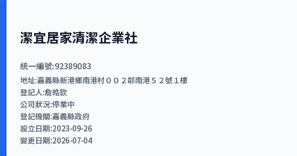 潔宜居家清潔企業社的照片-統編 92389083(嘉義縣) 公司登記資料與營業項目詳細圖表