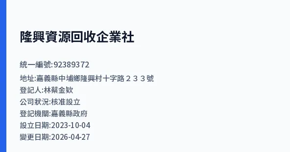 隆興資源回收企業社的照片-統編 92389372(嘉義縣) 公司登記資料與營業項目詳細圖表
