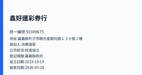 鑫好運彩券行的照片-統編 92389675(嘉義縣) 公司登記資料與營業項目詳細圖表