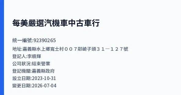每美嚴選汽機車中古車行的照片-統編 92390265(嘉義縣) 公司登記資料與營業項目詳細圖表