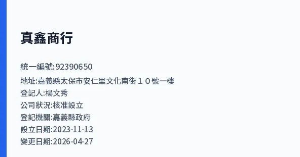 真鑫商行的照片-統編 92390650(嘉義縣) 公司登記資料與營業項目詳細圖表