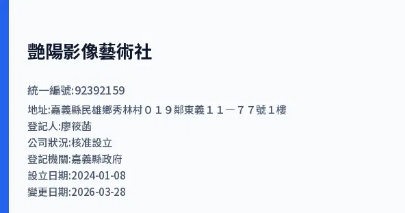 艷陽影像藝術社的照片-統編 92392159(嘉義縣) 公司登記資料與營業項目詳細圖表