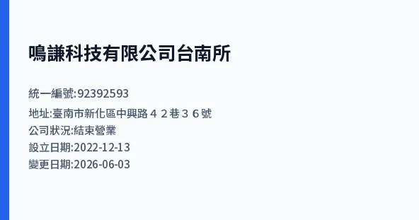 鳴謙科技有限公司台南所的照片-統編 92392593(臺南市) 公司登記資料與營業項目詳細圖表