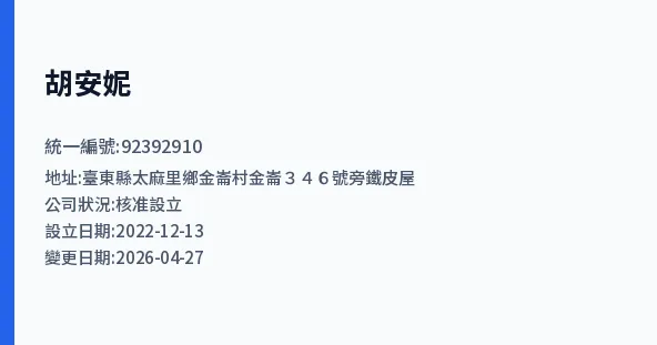 胡安妮的照片-統編 92392910(臺東縣) 公司登記資料與營業項目詳細圖表