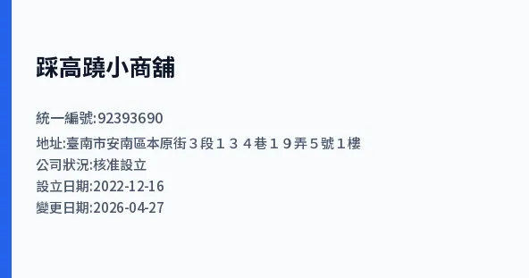 踩高蹺小商舖的照片-統編 92393690(臺南市) 公司登記資料與營業項目詳細圖表