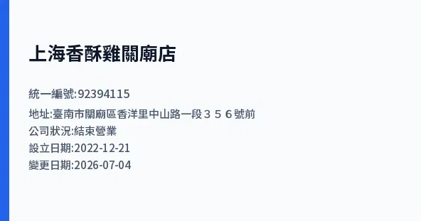 上海香酥雞關廟店的照片-統編 92394115(臺南市) 公司登記資料與營業項目詳細圖表