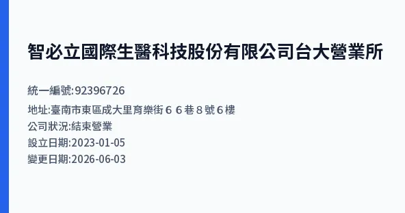 智必立國際生醫科技股份有限公司台大營業所的照片-統編 92396726(臺南市) 公司登記資料與營業項目詳細圖表
