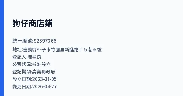 狗仔商店鋪的照片-統編 92397366(嘉義縣) 公司登記資料與營業項目詳細圖表